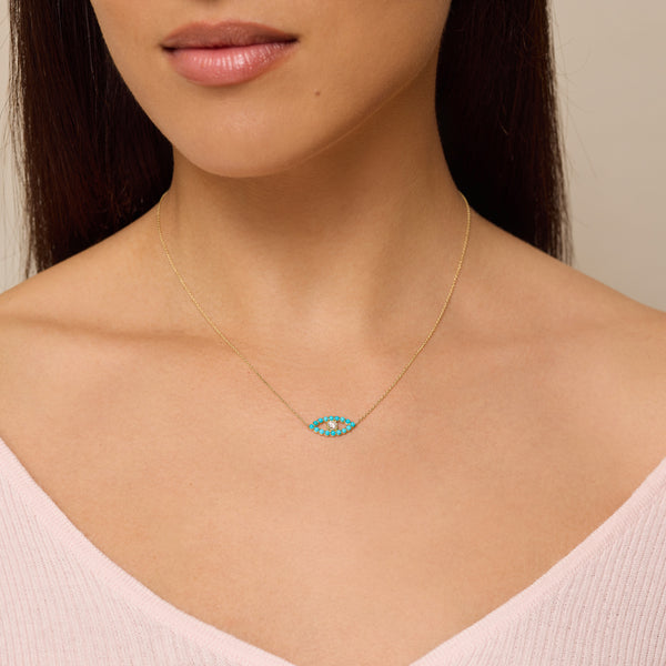 Medium Turquoise Open Evil Eye Necklace with Diamond Center for Women ...