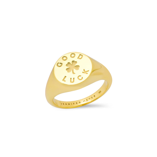 Small Good Luck & Clover Sentiment Signet Ring for Women | Jennifer Meyer