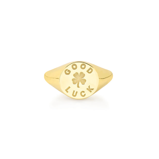 Small Good Luck & Clover Sentiment Signet Ring for Women | Jennifer Meyer